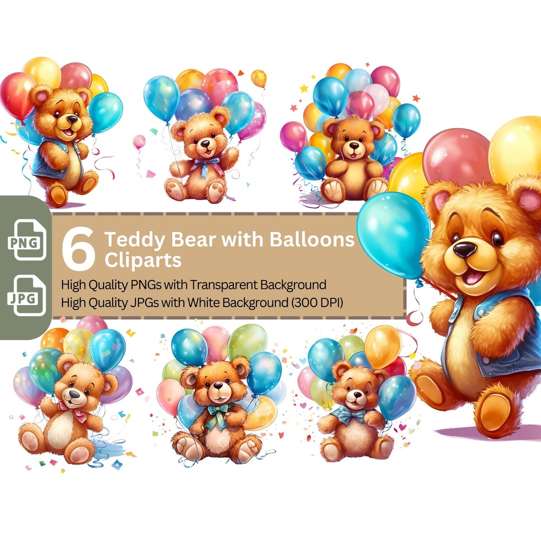 Cute Teddy Bear With Balloons PNG Clip Art Bundle for Birthday ...