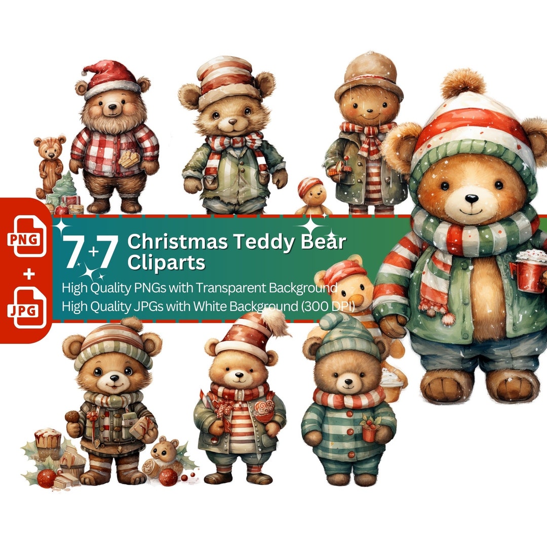 Christmas Teddy Bear Clipart 7+7 PNG JPG Bundle Digital Planner Paper ...
