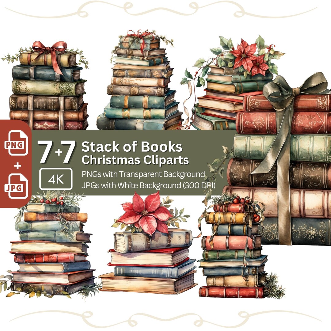 Christmas Stack of Books Clipart 7+7 PNG JPG Bundle Illustration of a ...