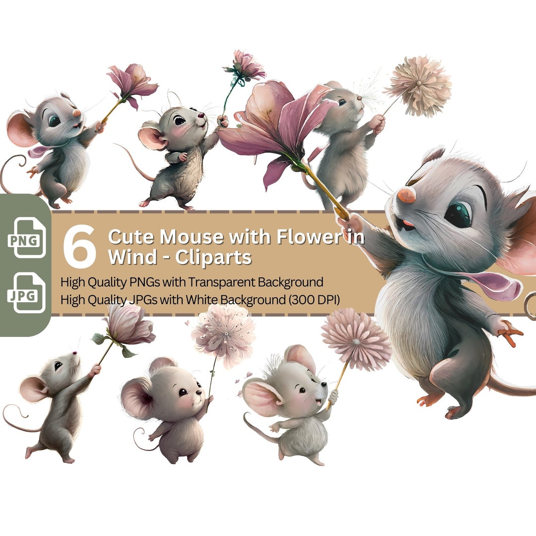 Funny Mouse With Flower Clipart 6x High Quality Pngs Nursery Art Card ...