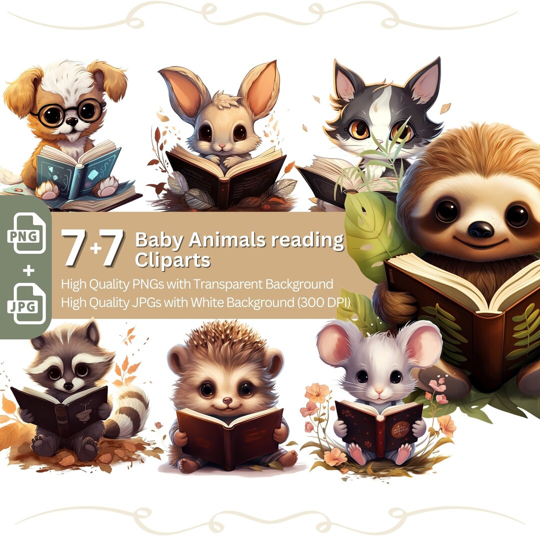 Baby Animals Reading a Book Clipart 7+7 PNG/JPG Bundle Bookworm Card ...