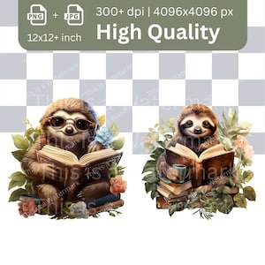 Sloth Reading a Book Clipart 7+7 PNG/JPG Bundle Bookworm Card Design ...