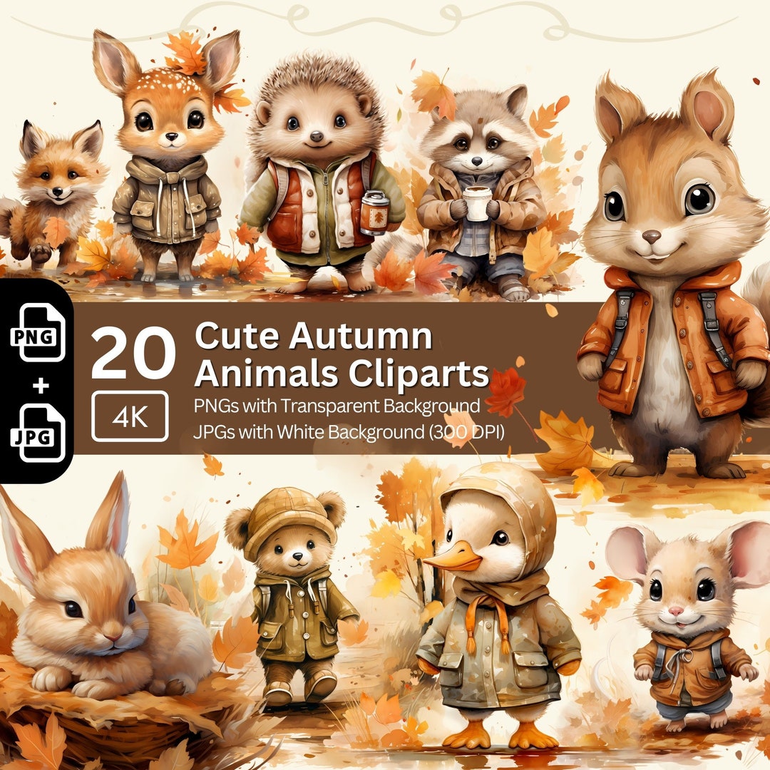 Cute Autumn Animals Clipart 20 PNG Bundle Fall Cartoon Images Seasonal ...