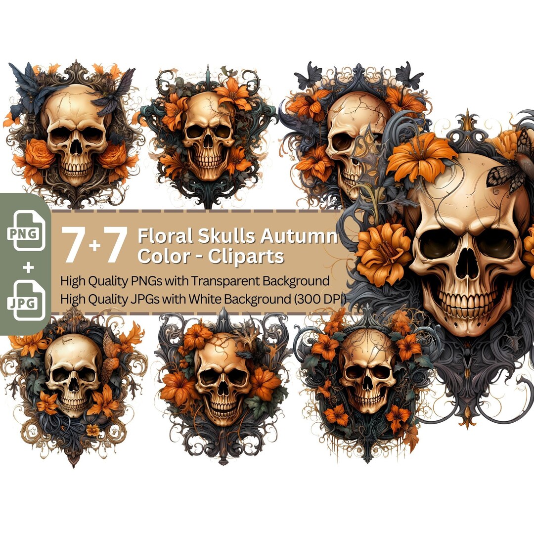 Floral Skulls 7+7 PNG Clip Art Bundle Halloween Autumn Color Invitation ...