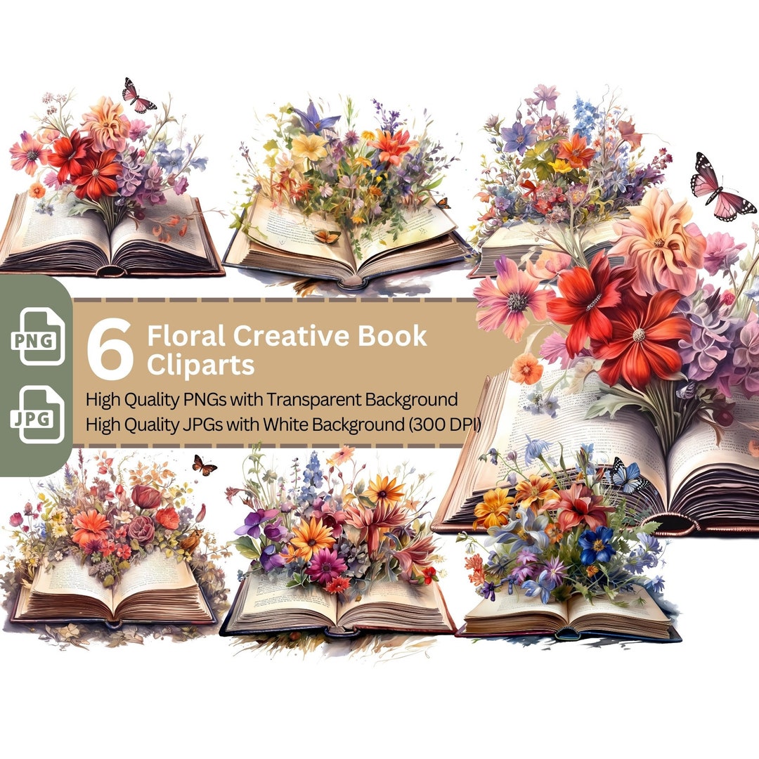 Floral Book 6x PNG Clip Art Bundle Creativity Scrapbook Design Card ...