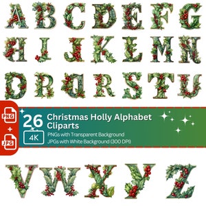 Christmas Holly Alphabet Clipart 26x PNG Bundle Christmas Font Clipart ...