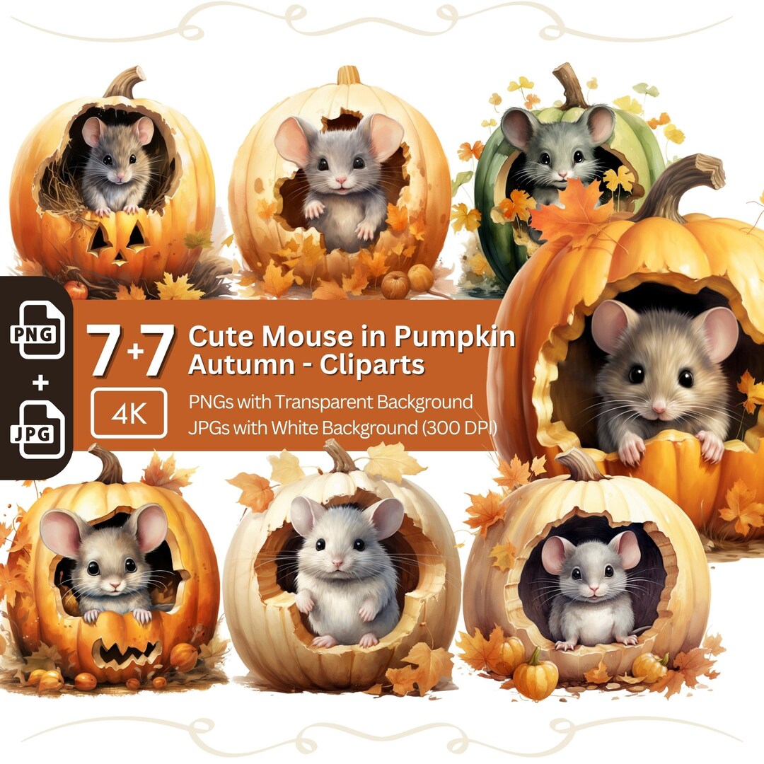 Cute Mouse Inside Pumpkin 7+7 PNG JPG Bundle Halloween Animal Clipart ...