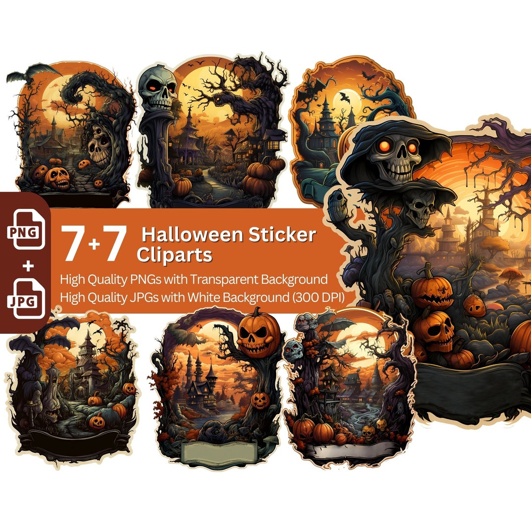 Halloween Sticker Clipart 7+7 PNG Bundle Spooky Sticker Design Paper ...