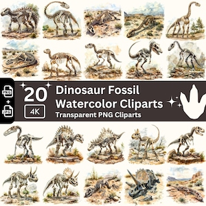 Watercolor Dinosaur Fossil Clipart: Jurassic PNG Bundle (digital ...