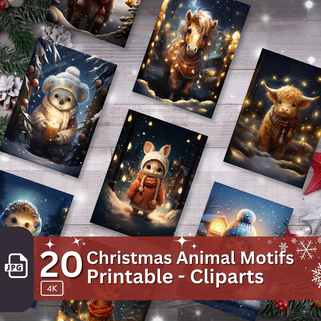 Christmas Animals Cards 20 JPG Bundle Digital Paper Set Festive Card ...