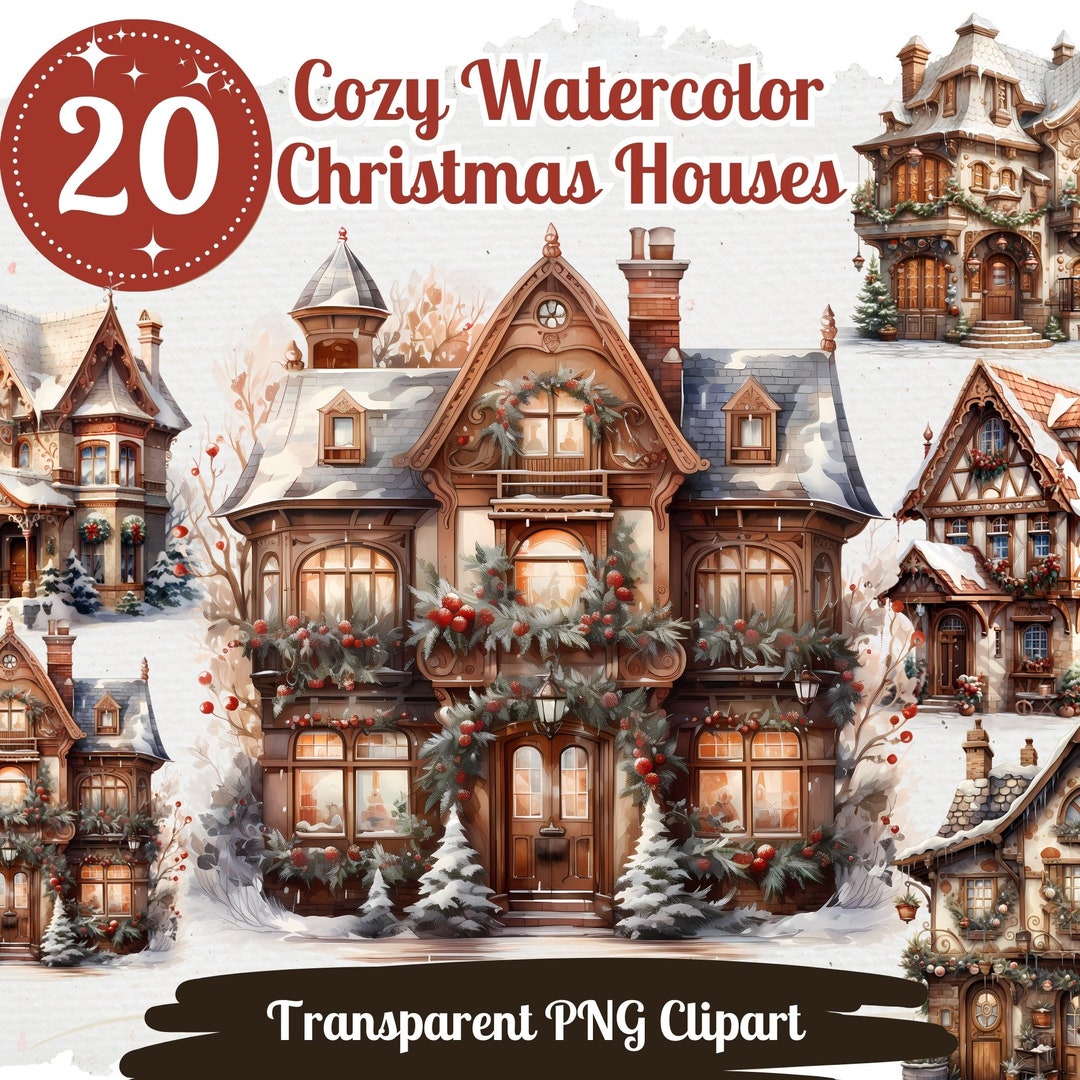 Watercolor Christmas Houses Clipart 20 PNG Bundle Seasonal Watercolor ...