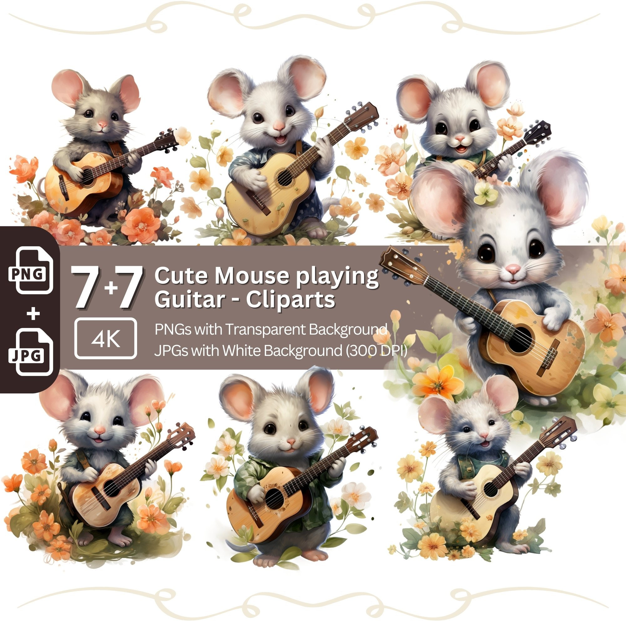 Cute Mouse Playing Guitar 77 PNG JPG Bundle Musical Animal - Etsy