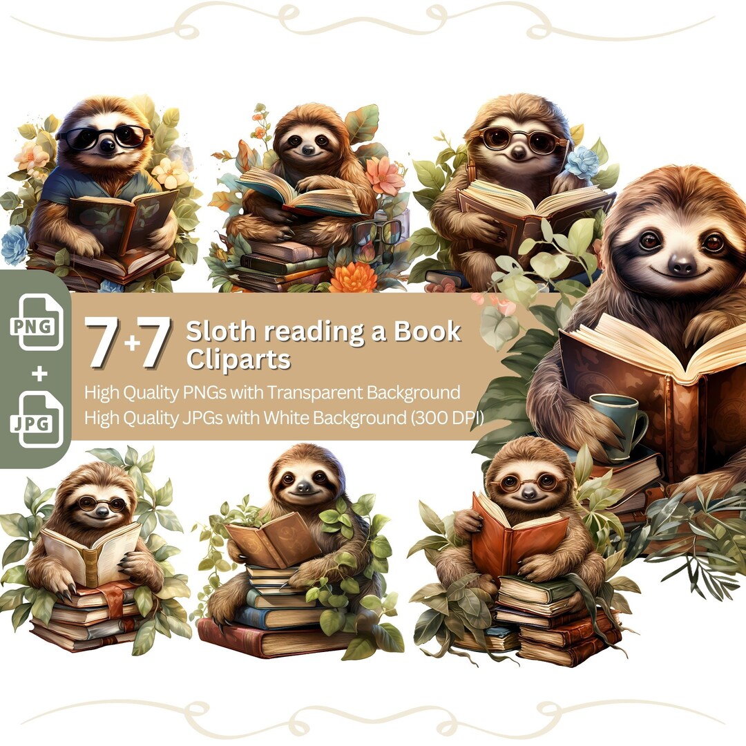 Sloth Reading a Book Clipart 7+7 PNG/JPG Bundle Bookworm Card Design ...