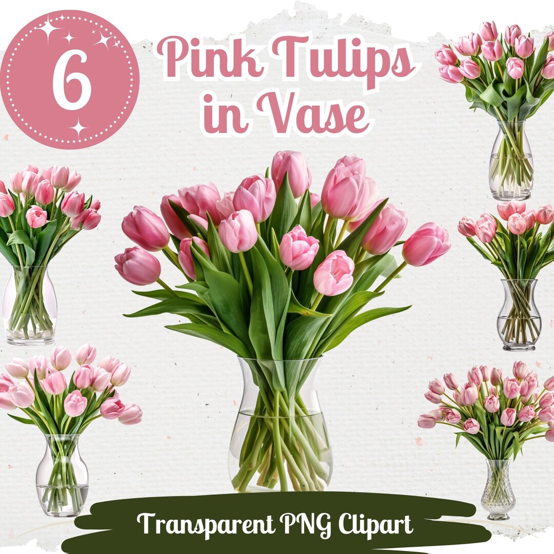 Pink Tulips in Vase Clipart 6 PNG Bundle Spring Flower Graphic Digital ...