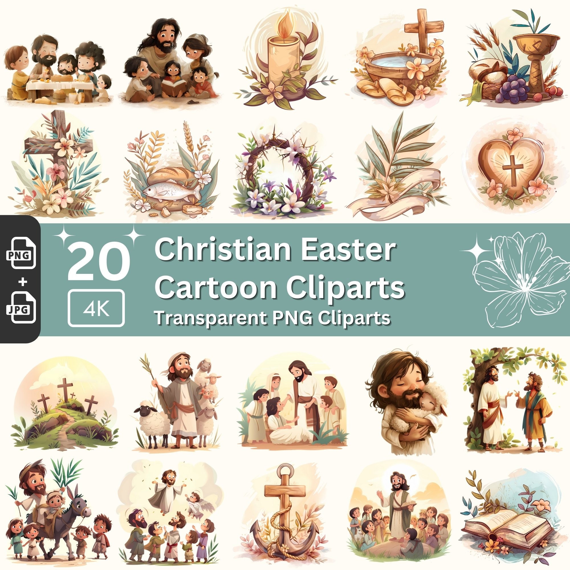 Christian Easter Clipart Bundle: Jesus, Bible Story Illustrations (PNG ...
