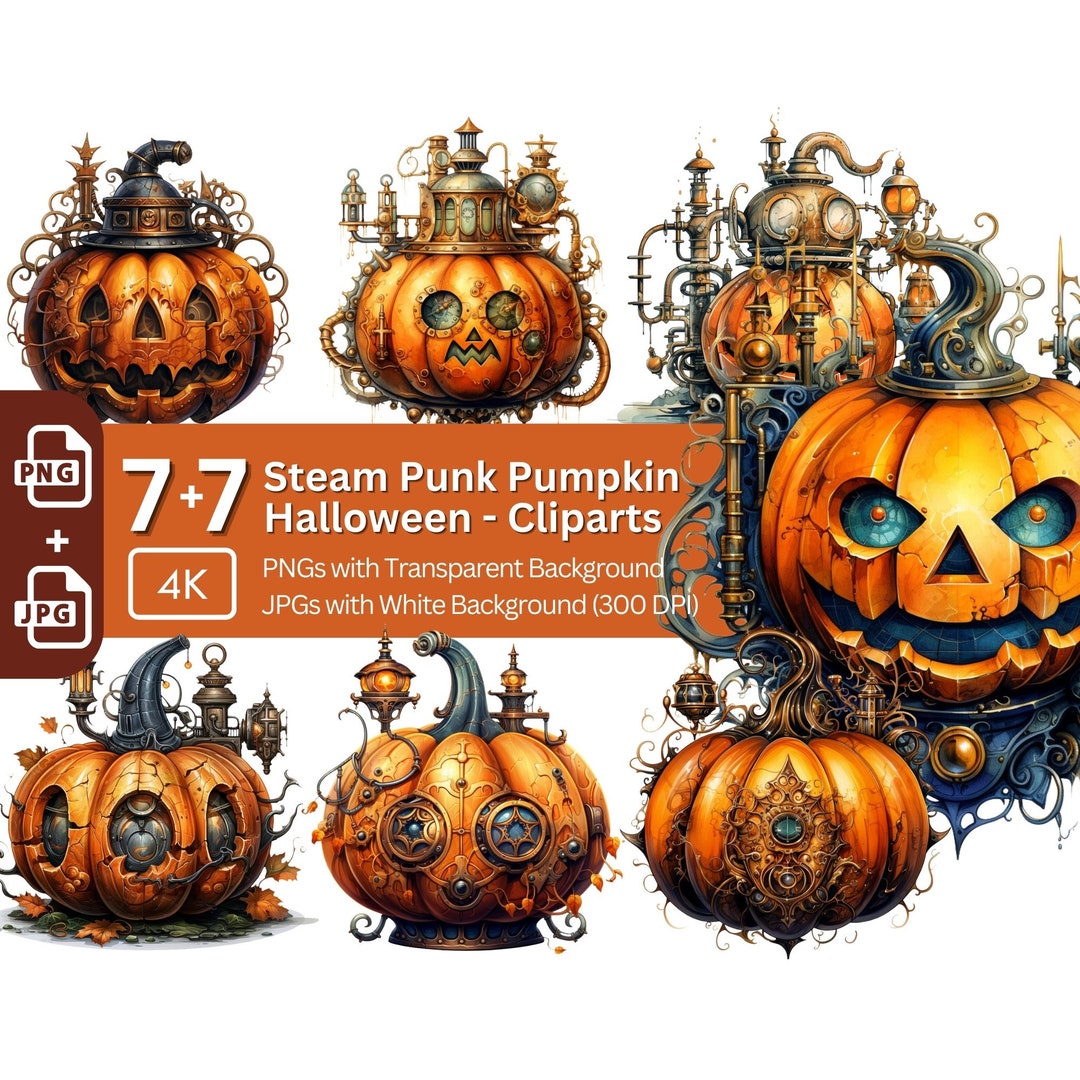 Steam Punk Pumpkin Clipart 7+7 PNG/JPG Bundle Halloween Graphic Spooky ...