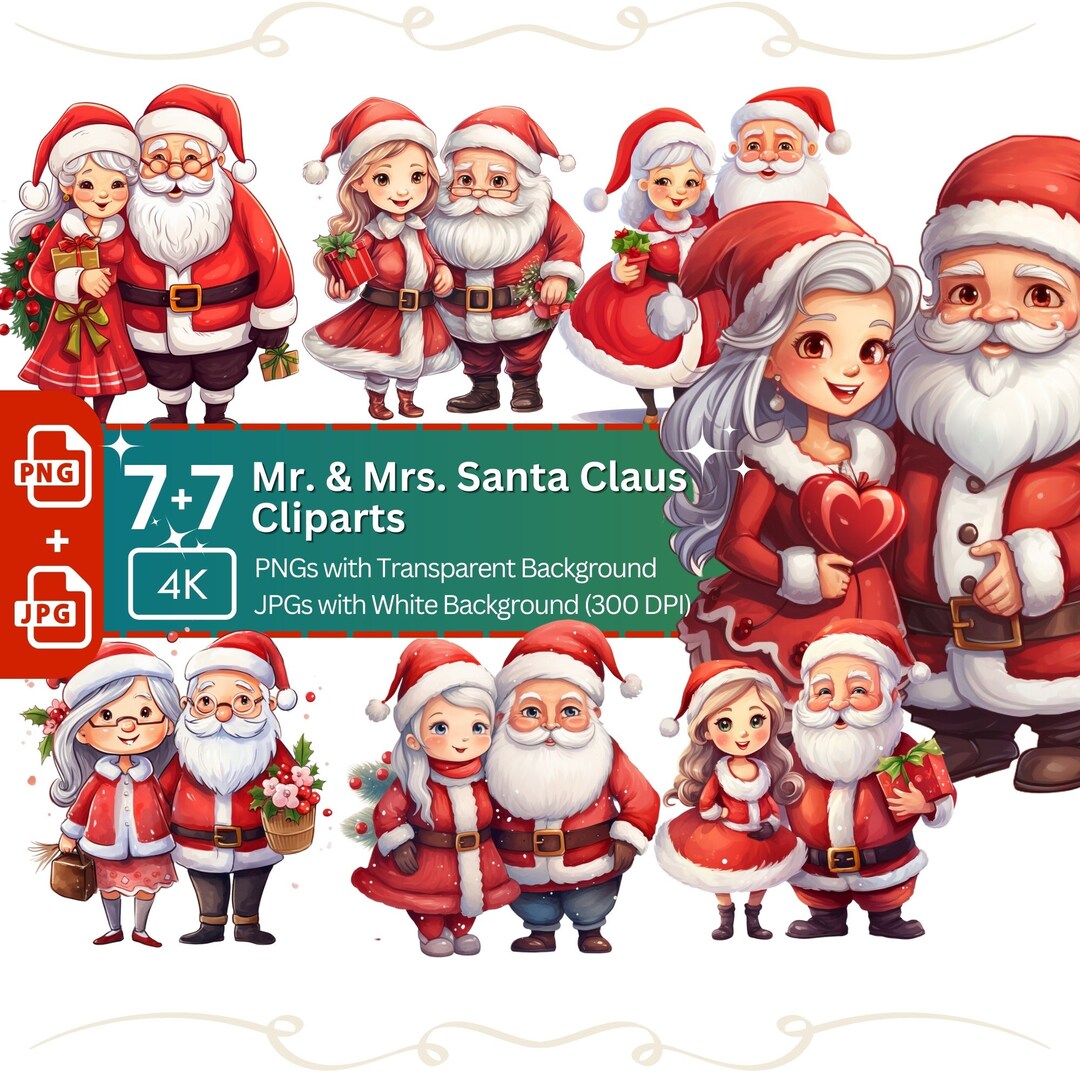 Santa and Mrs Claus Clipart 7x PNG Bundle Christmas Clipart Advent Art ...