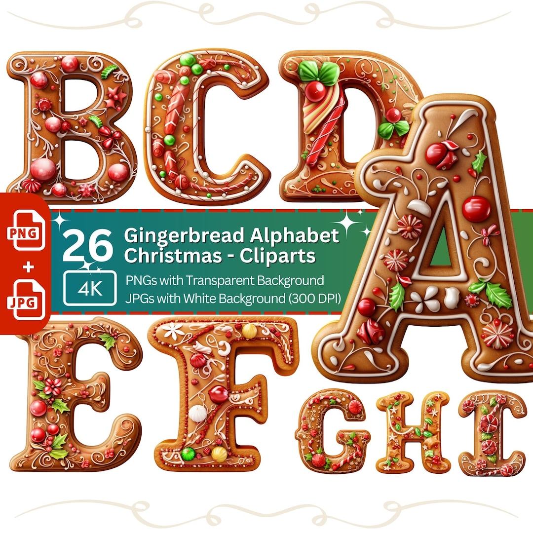 Gingerbread Alphabet 26 PNG Clipart Bundle Christmas Font Clipart Card ...