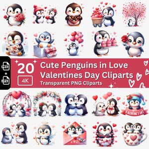 Love Penguin Cliparts 20 PNG Bundle Cute Valentines Day Set Card ...