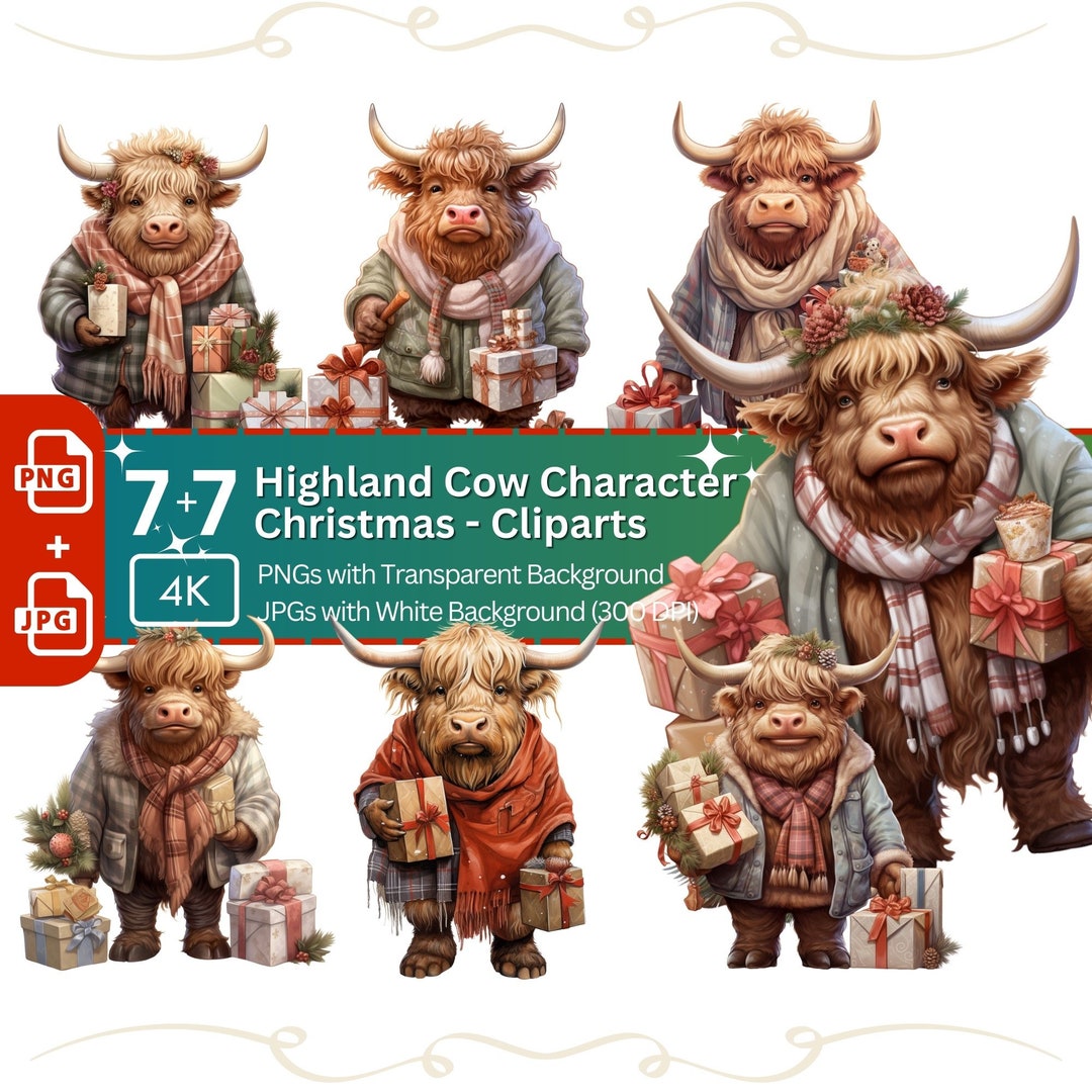 Highland Cow Clipart 7+7 PNG JPG Funny Christmas Invitation Card ...