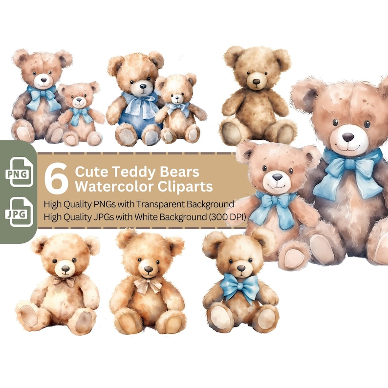 Cute Teddy Bear Watercolor PNG Clip Art Bundle for Birthday - Etsy