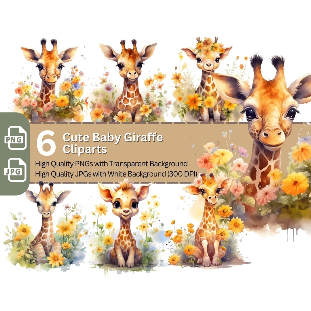 Cute Baby Giraffe 6x PNG Clip Art Bundle Sublimation & Clipart Print on ...