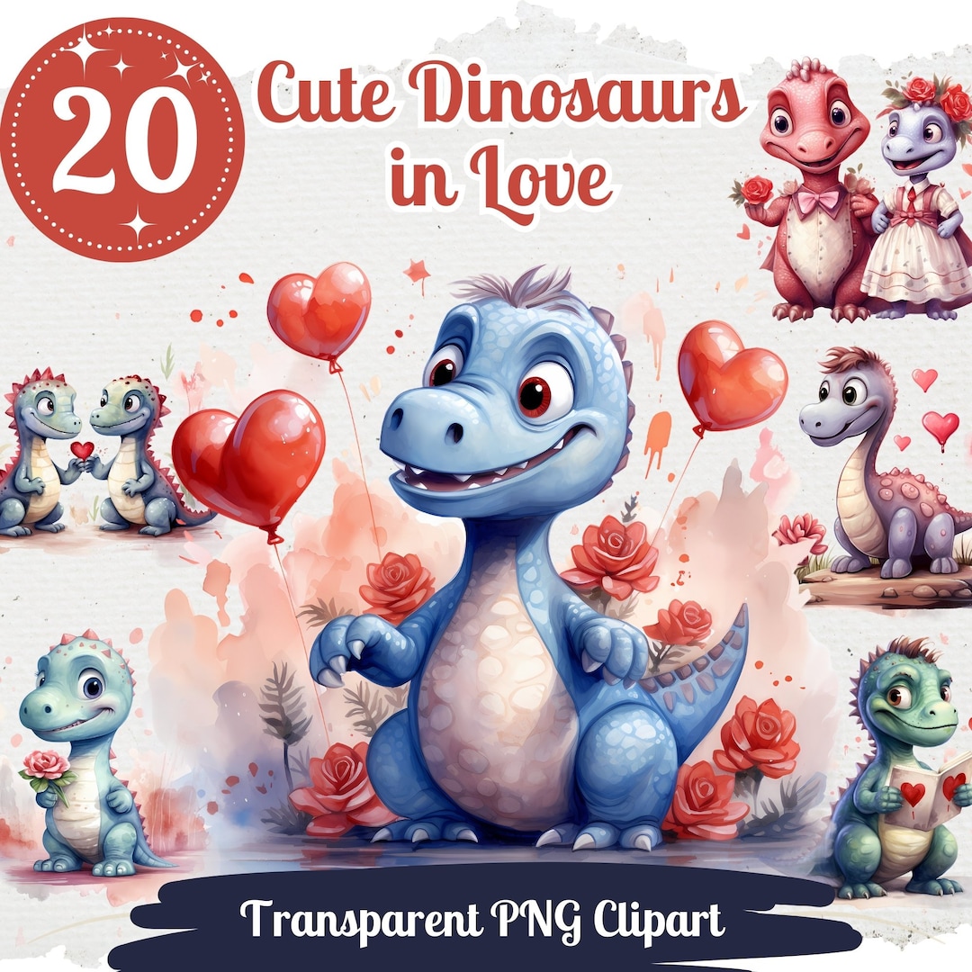 Cute Dinosaur in Love Cliparts 20 PNG Bundle Children Valentines Day ...