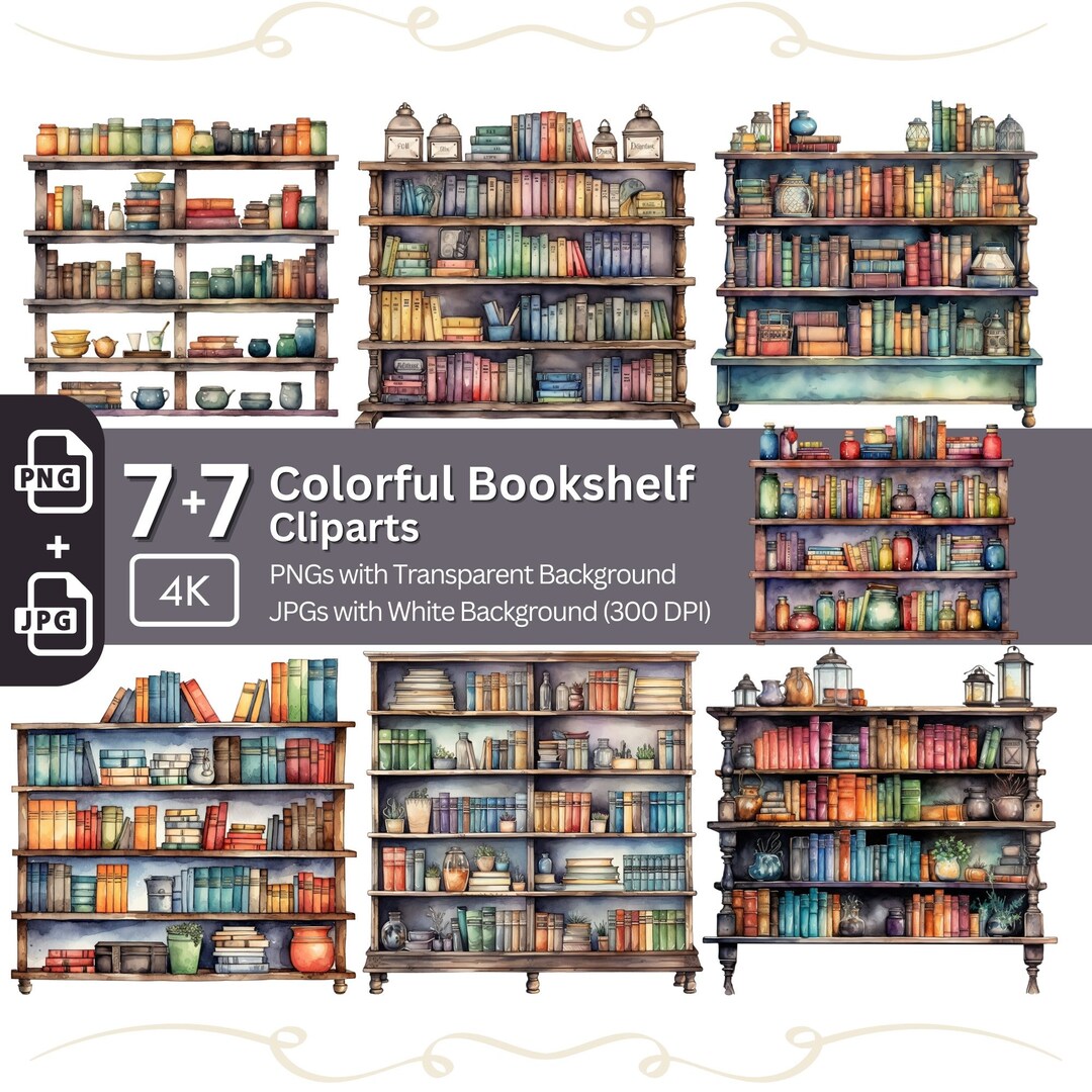 Colorful Bookshelf Clipart 7+7 PNG JPG Bundle Perfect for Scrapbooking ...