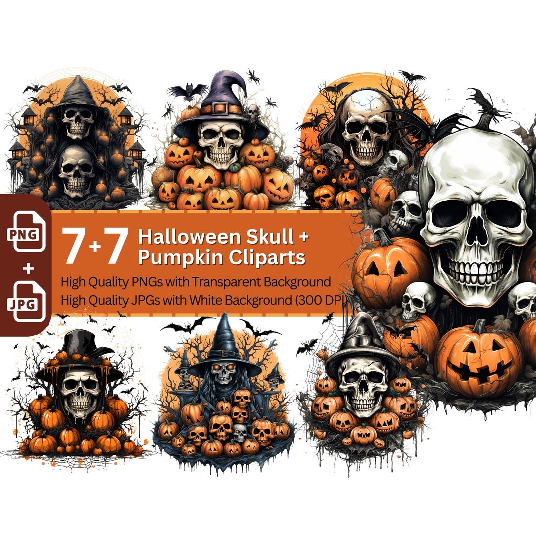 Skull & Pumpkin Halloween Clipart 7+7 PNG Bundle Halloween Invitation ...