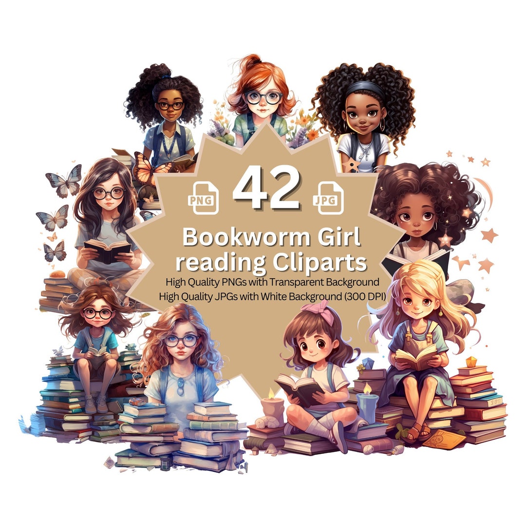 Bookworm Girls Reading Megabundle 42+42 High Quality Pngs Stack of ...