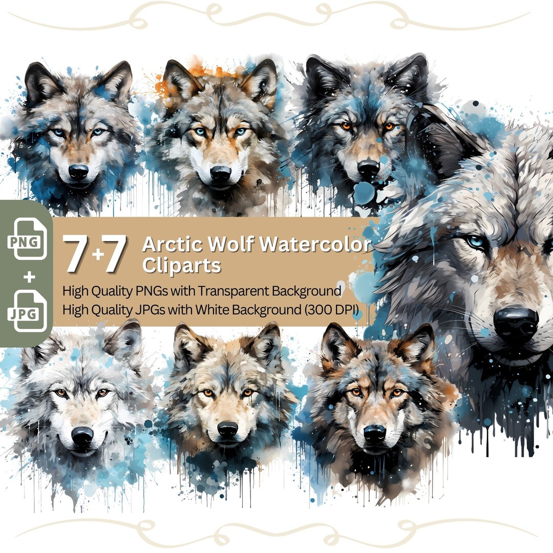 Arctic Wolf Clipart 7+7 PNG Bundle Watercolor Artwork Paper Crafting ...