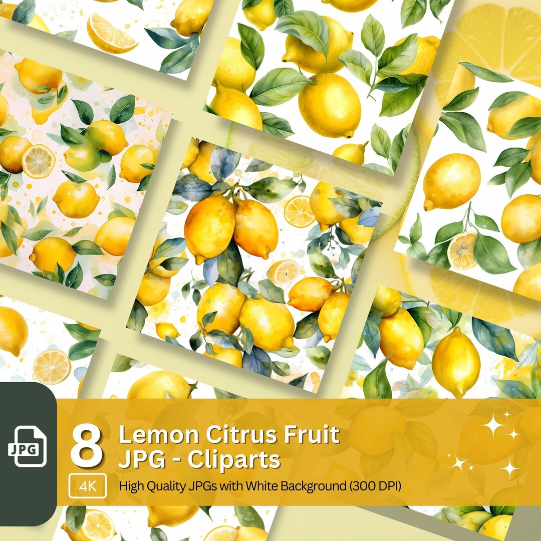 Lemon Watercolor Clipart 8x JPG Bundle Citrus Fruit Tumbler Design ...