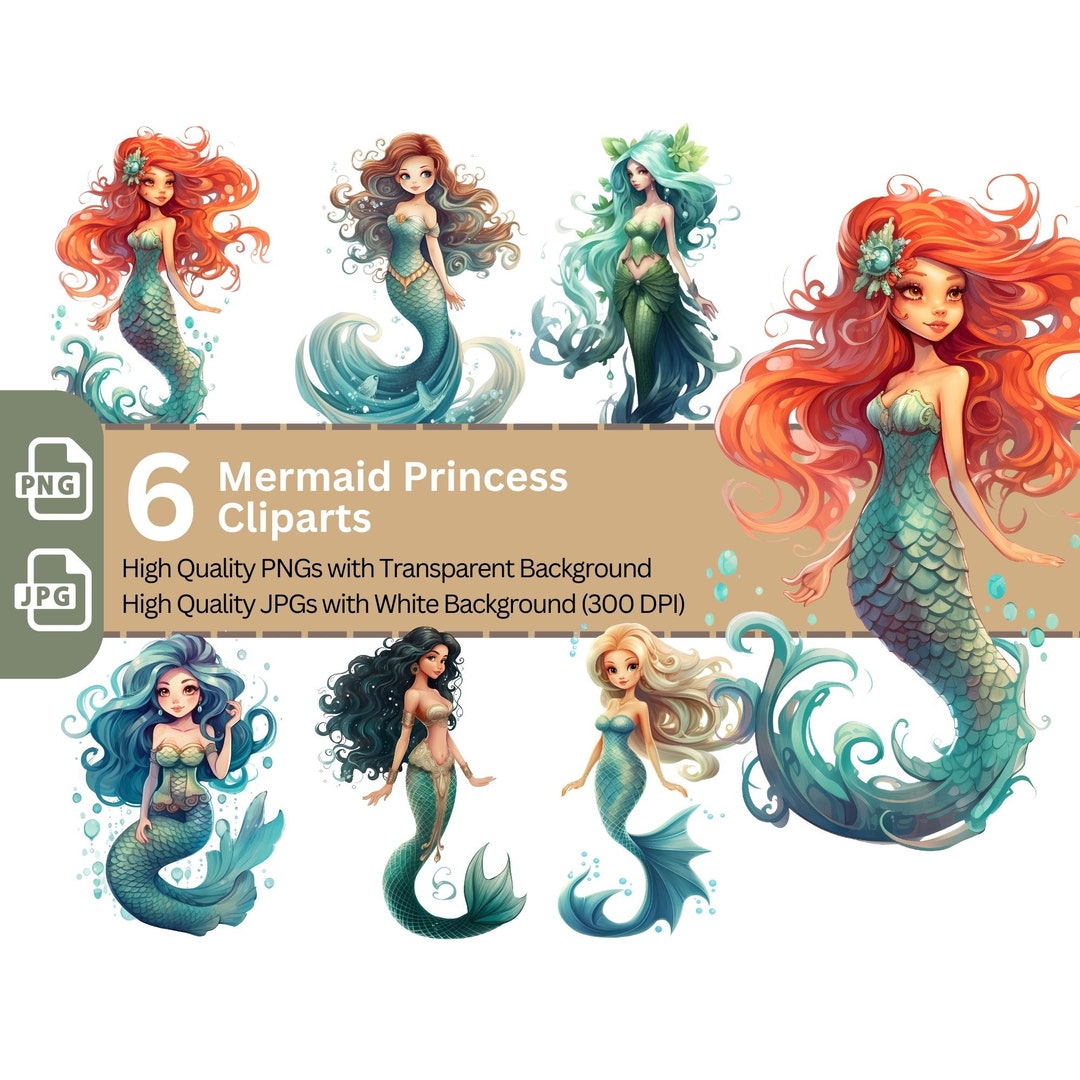 Mermaid Princess 6x PNG Clip Art Bundle Fantasy Scrapbook Design Card ...