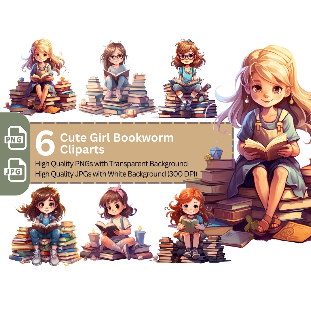 Cute Girl Bookworm PNG Clip Art Bundle for Book Lovers Sublimation ...