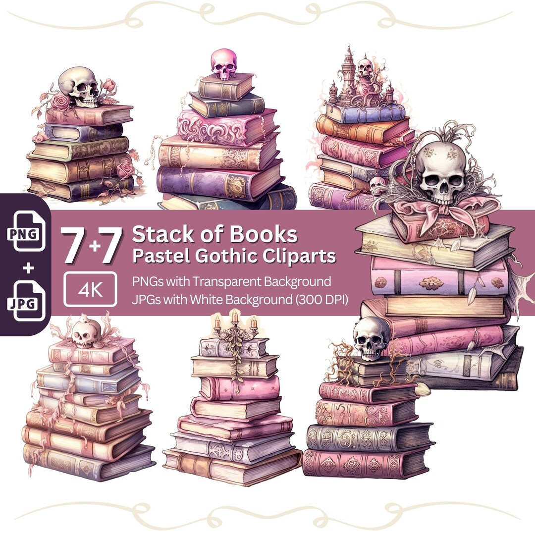 Pastel Gothic Stack of Books Clipart 7+7 PNG JPG Bundle Digital Planner ...
