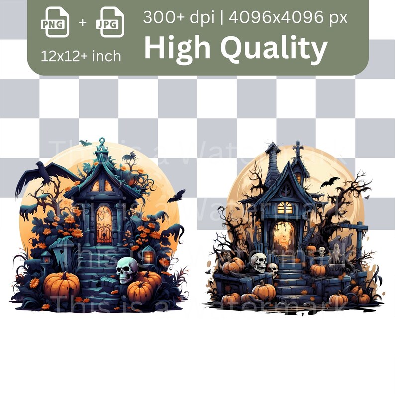 Haunted Halloween House Clipart 7+7 PNG Bundle Halloween Invitation ...
