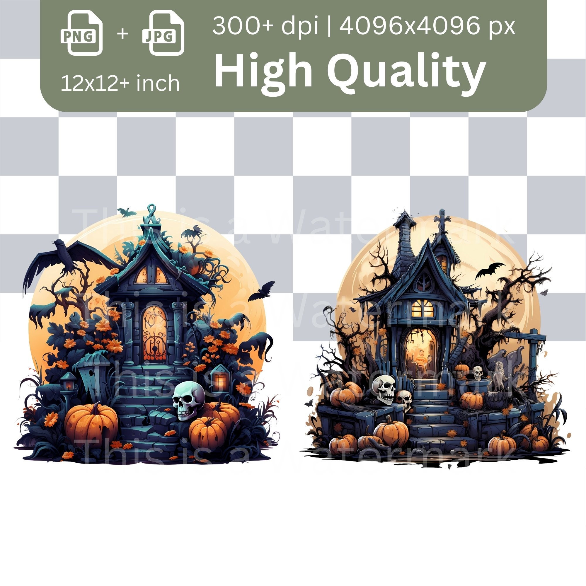 Haunted Halloween House Clipart 7+7 PNG Bundle Halloween Invitation ...