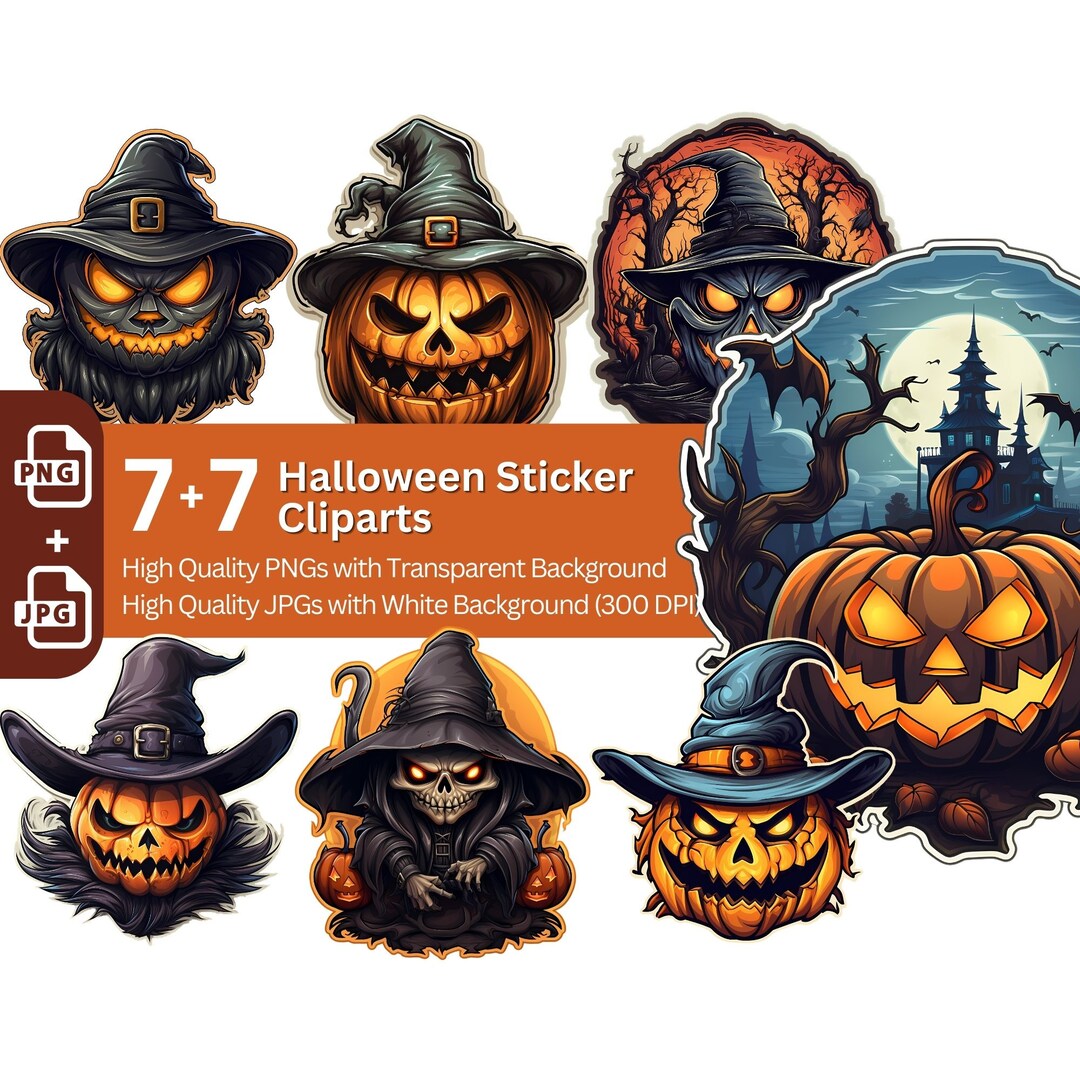 Halloween Sticker Clipart 7+7 PNG/JPG Bundle Spooky Sticker Design ...
