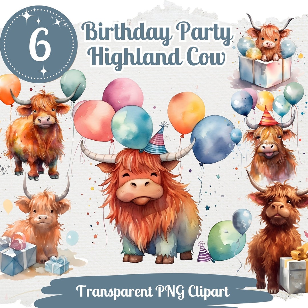 Highland Cows Birthday Party Clipart PNG Bundle for Sublimation ...