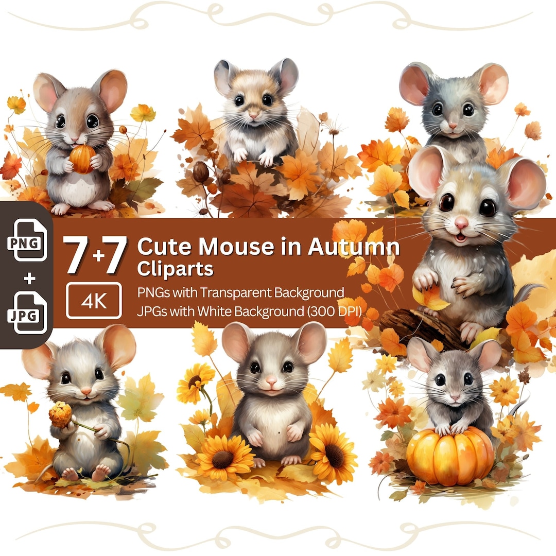 Cute Mouse in Autumn 7+7 PNG JPG Bundle Fall Animal Clipart Nursery Art ...