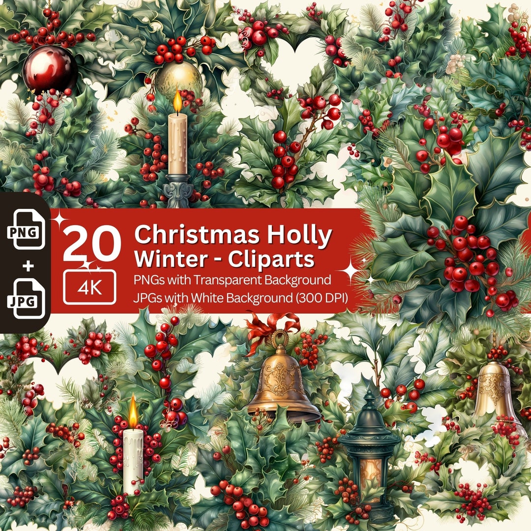 Christmas Holly Clipart 20x PNG Bundle Christmas Decoration Clipart ...