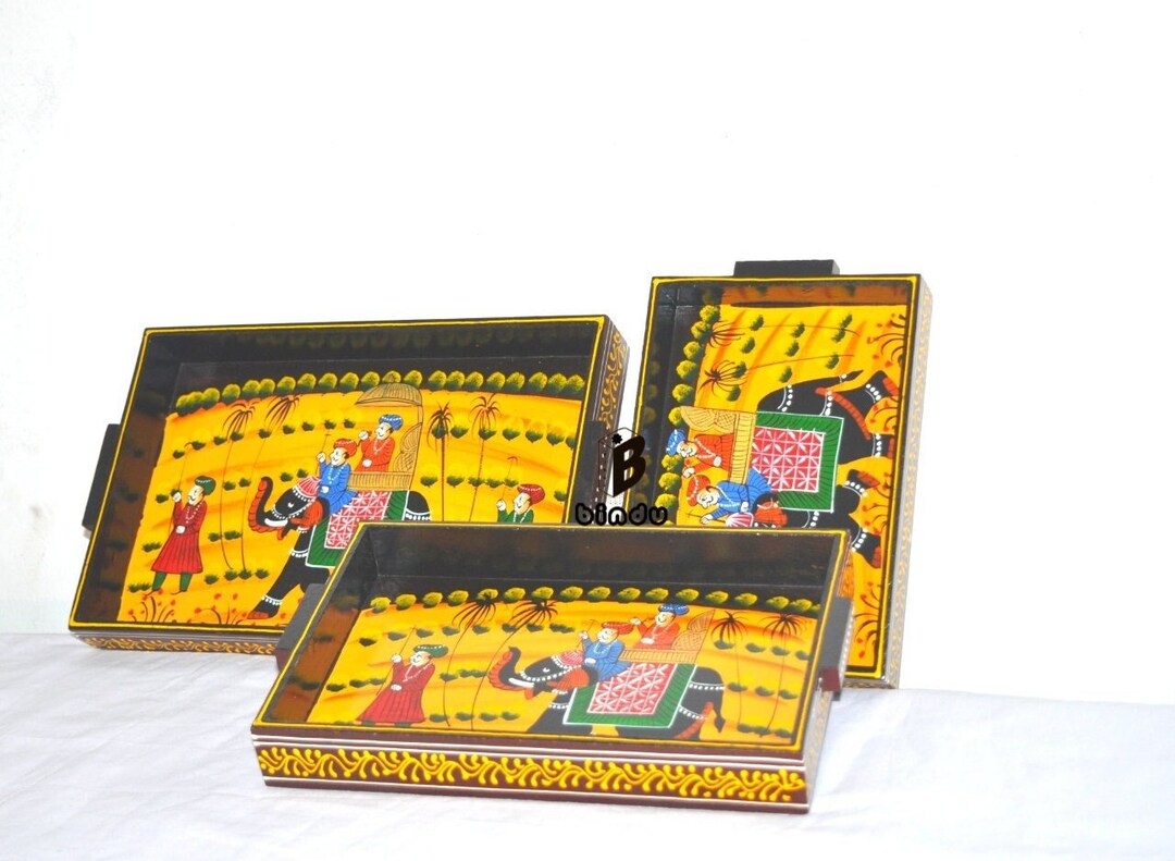 Beautiful Wooden Set of 3 Hand Painted Trays in Different Size / Wooden ...