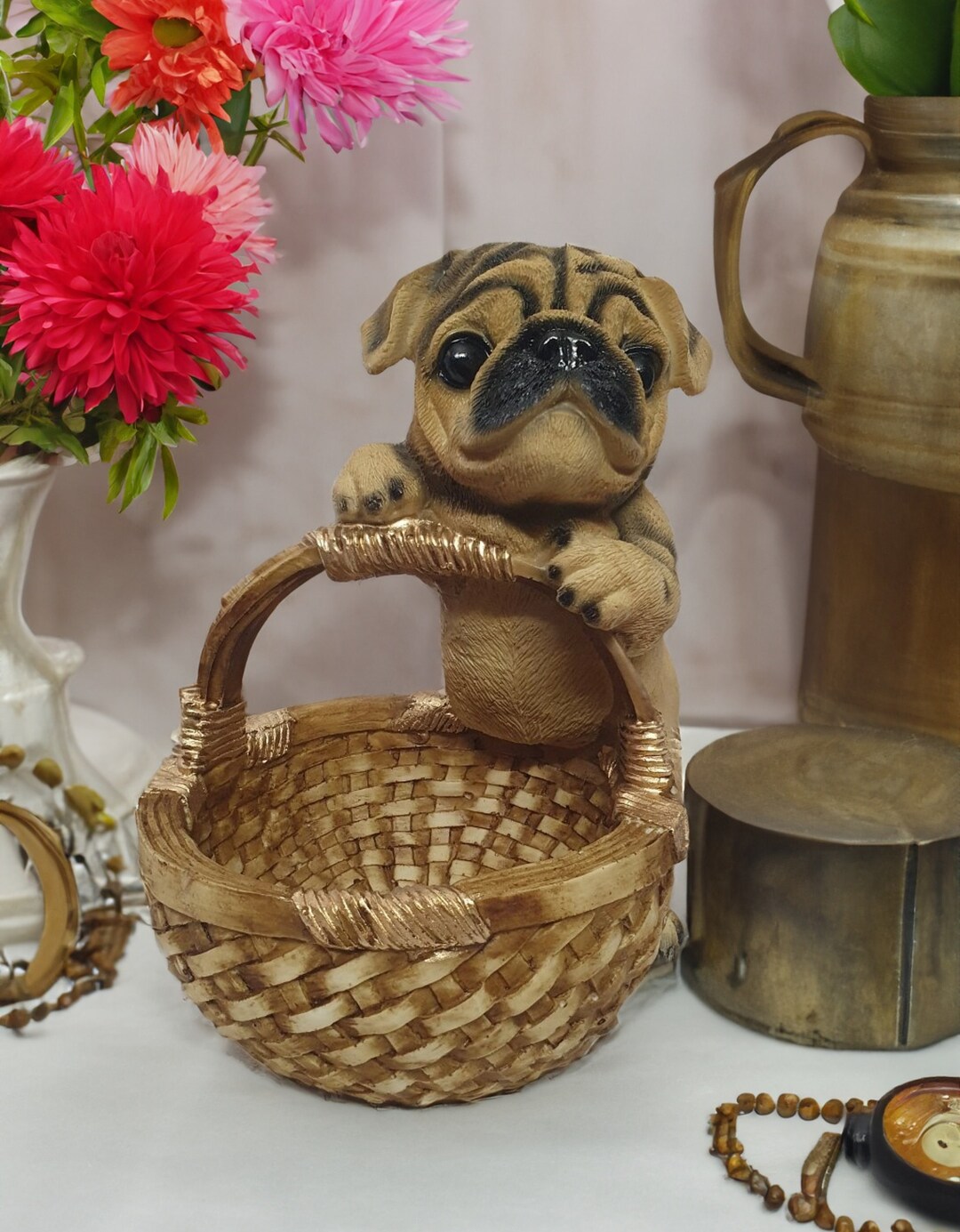 TCG 25cm Pug Dog With Candy Basket Statue Add Charms & Sweetness. Best ...