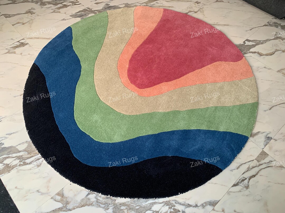 Blue Shaded Wave Round Shaped Rug, Ocean Wavy Rug Soft Rug Woollen ...