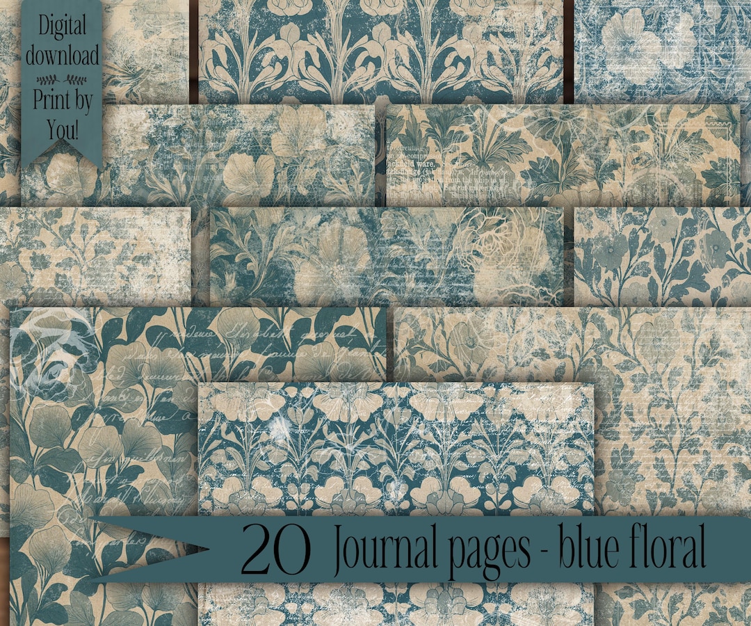 Blue Floral Digital Paper Vintage Junk Journals Scrapbooking Ephemera ...