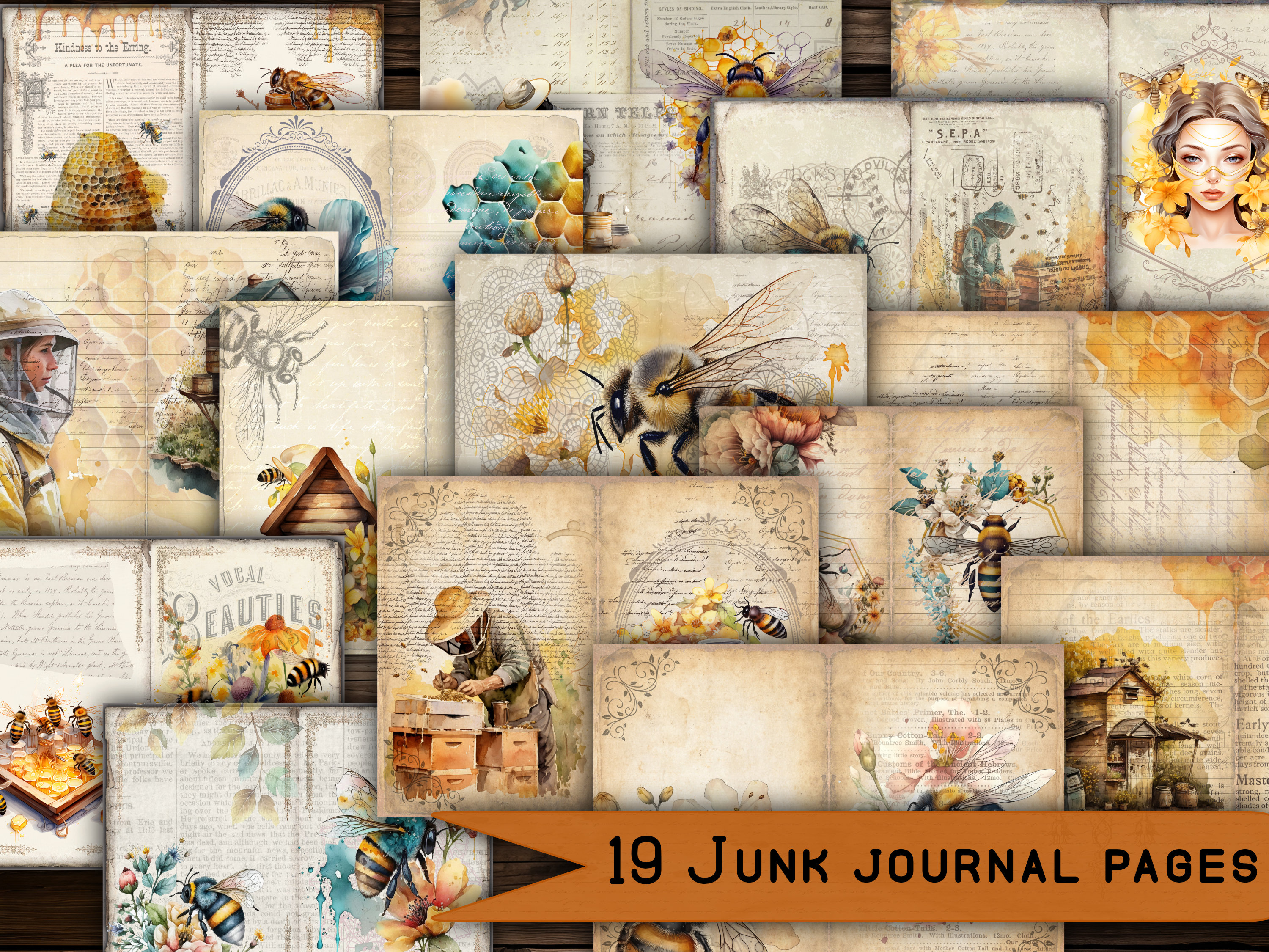 Bee Junk Journal Kit Printable Bee Digital Paper Vintage Junkjournal ...
