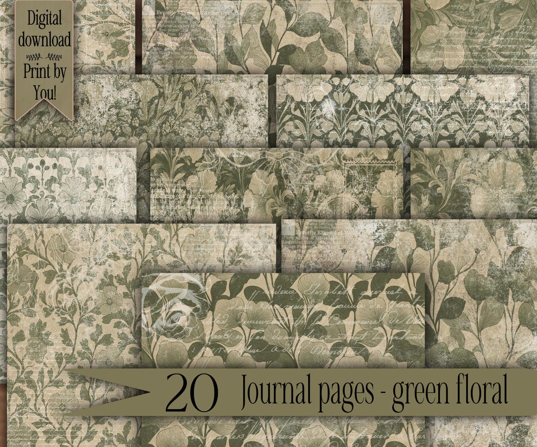 Green Floral Digital Paper Vintage Junk Journals Scrapbooking Ephemera ...