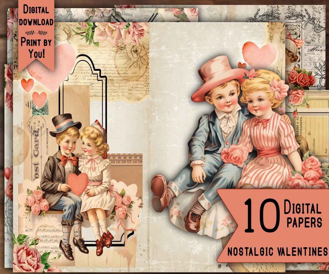 Valentine Junk Journal Pages Digital Scrapbook Paper Kit Collage Sheet ...