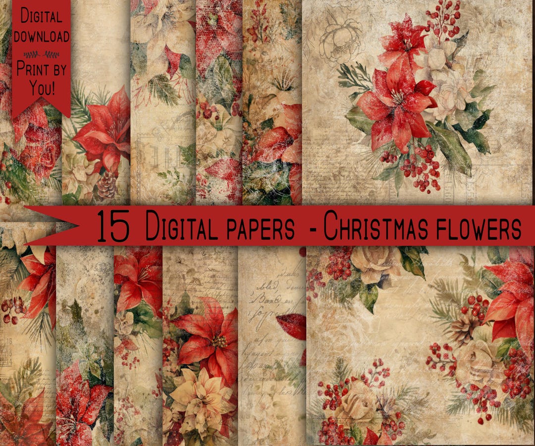 Christmas Flower Digital Paper Pack Printable Floral Scrapbook Craft ...