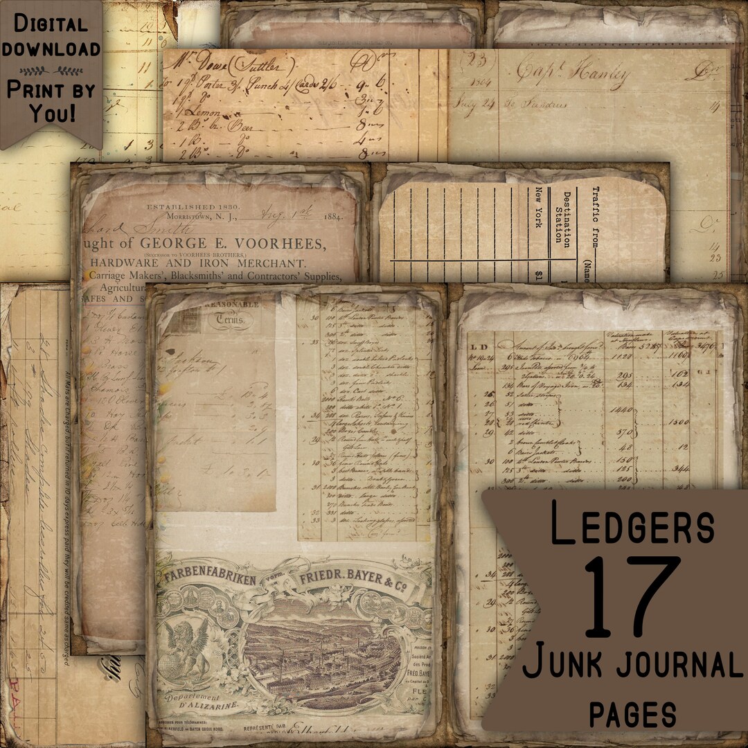 Ledgers Junk Journal Pages Digital Download Scrapbook Paper Kit Collage ...